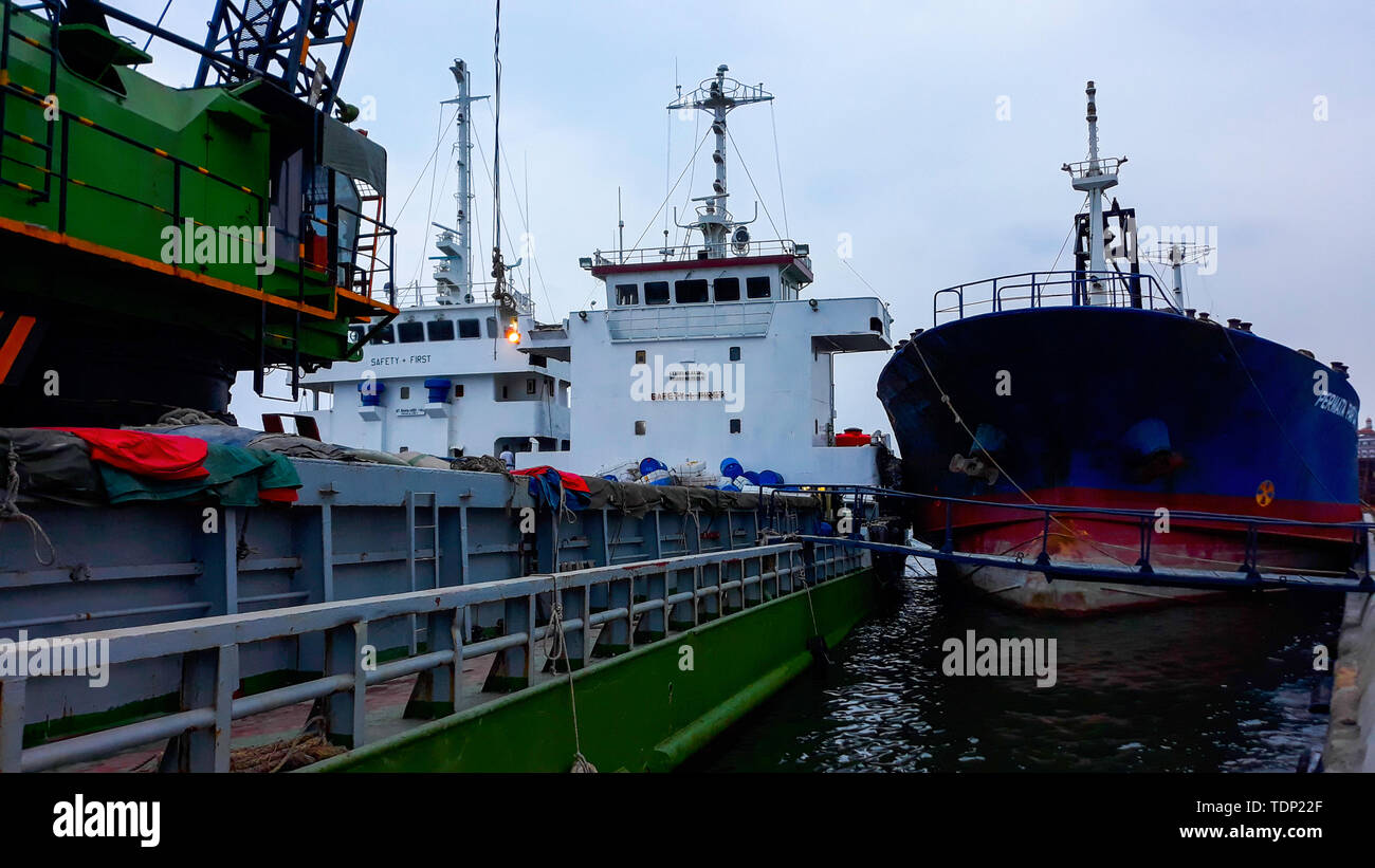 JAKARTA, INDONESIA, JUNE 18 2019 : Container ships in the export and ...
