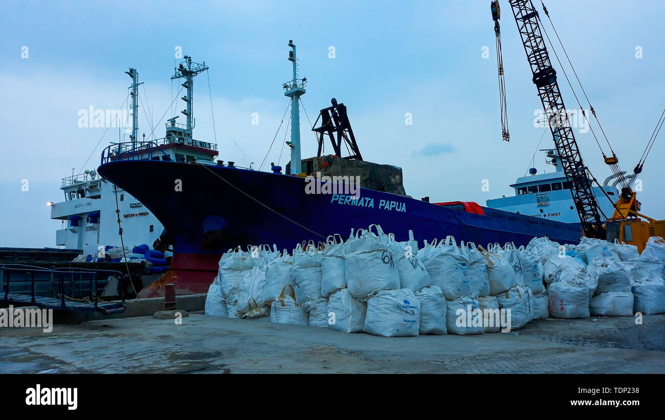 JAKARTA, INDONESIA, JUNE 18 2019 : Container ships in the export and ...
