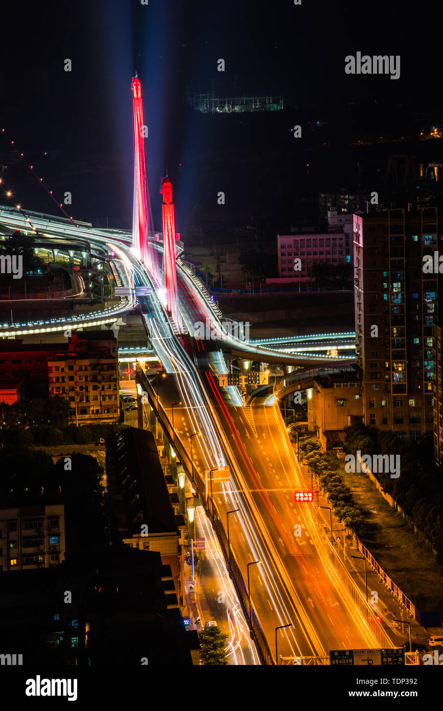 Night View of Yichang to Xi Yangtze River Bridge, Hubei Province Stock ...