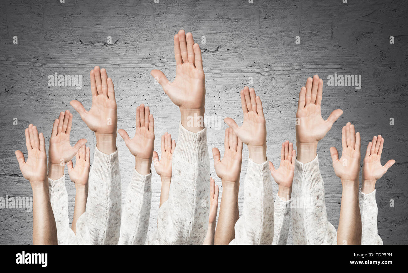 Row of man hands showing voting gesture. Participation and agreement ...