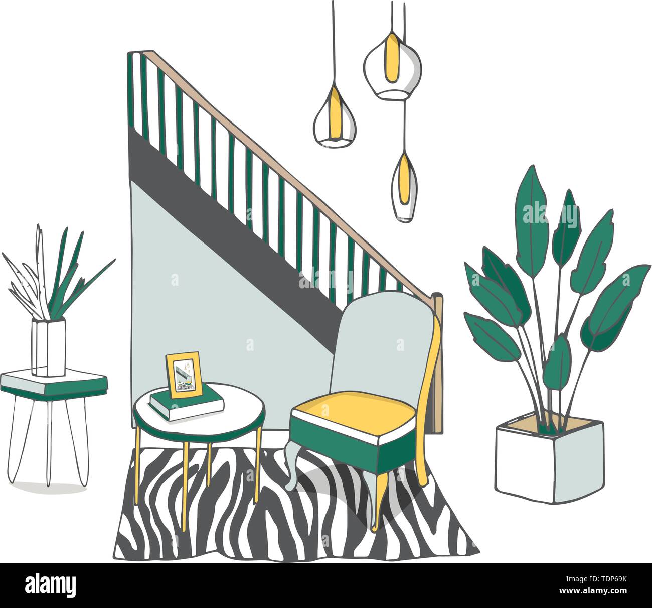 Vector illustration of a cozy cartoon interior of a home room, a living ...