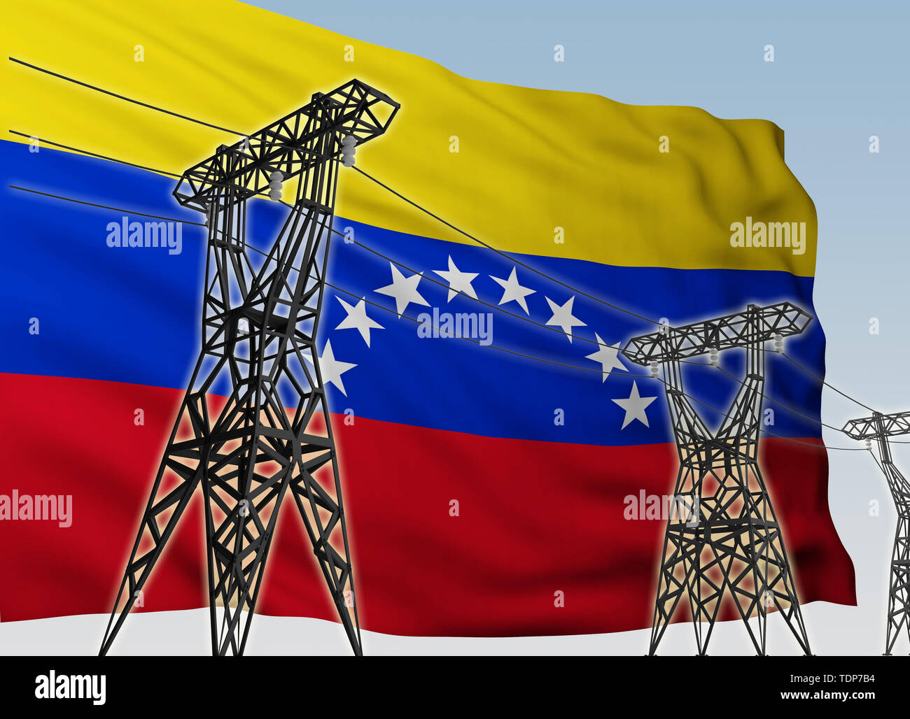 power lines against background flag of Venezuela. 3d rendering Stock ...