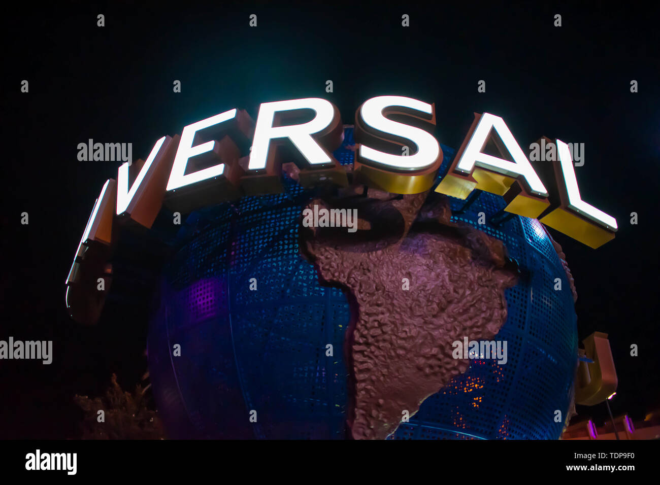 Orlando, Florida. May 21, 2019. Universal Studios world sphere on night ...
