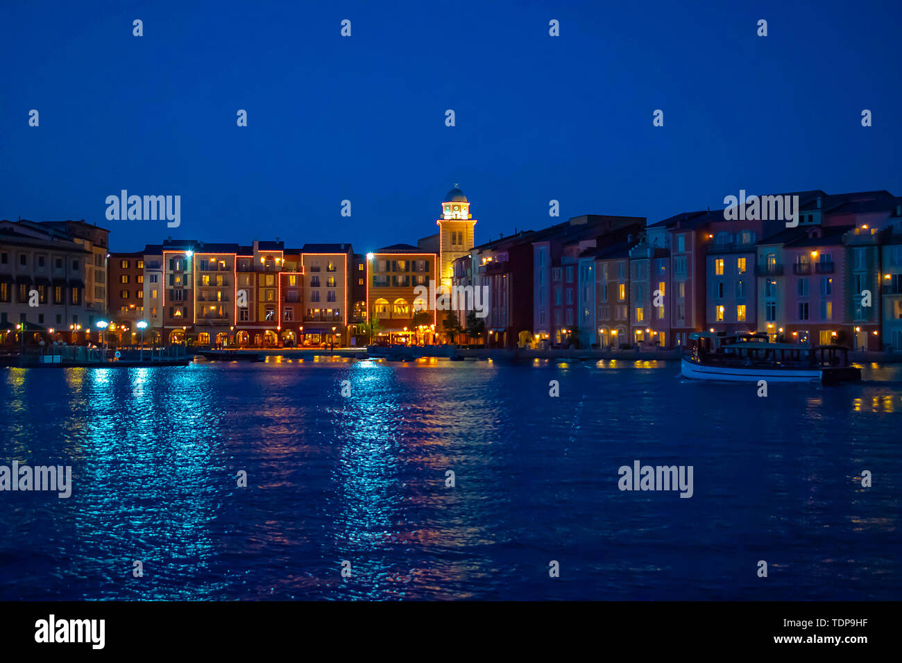 Orlando, Florida. May 21, 2019.Colorful dockside buildings on blue ...