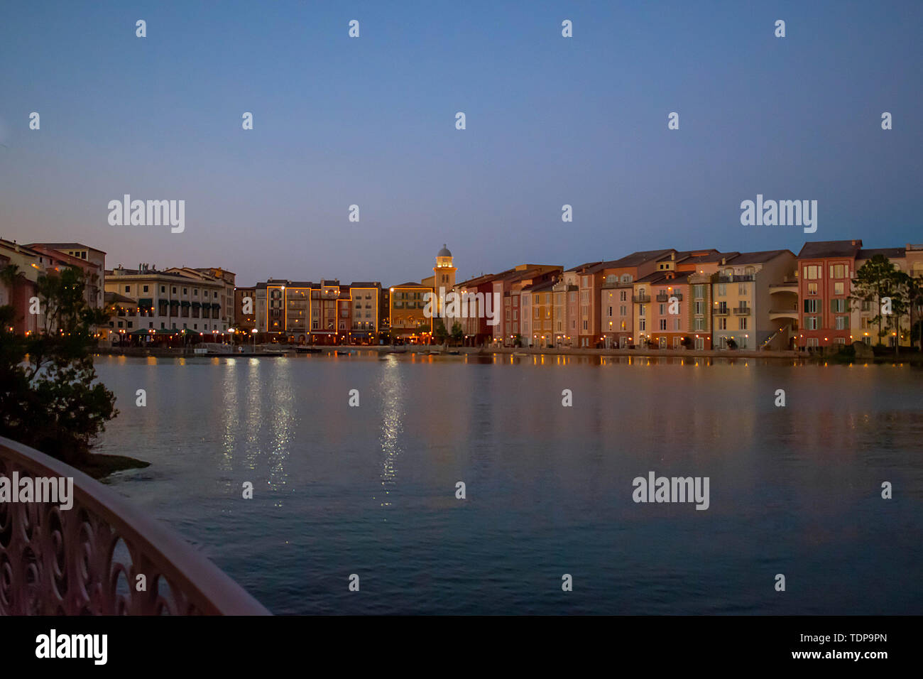Orlando, Florida. May 21, 2019.Colorful dockside buildings on sunset ...