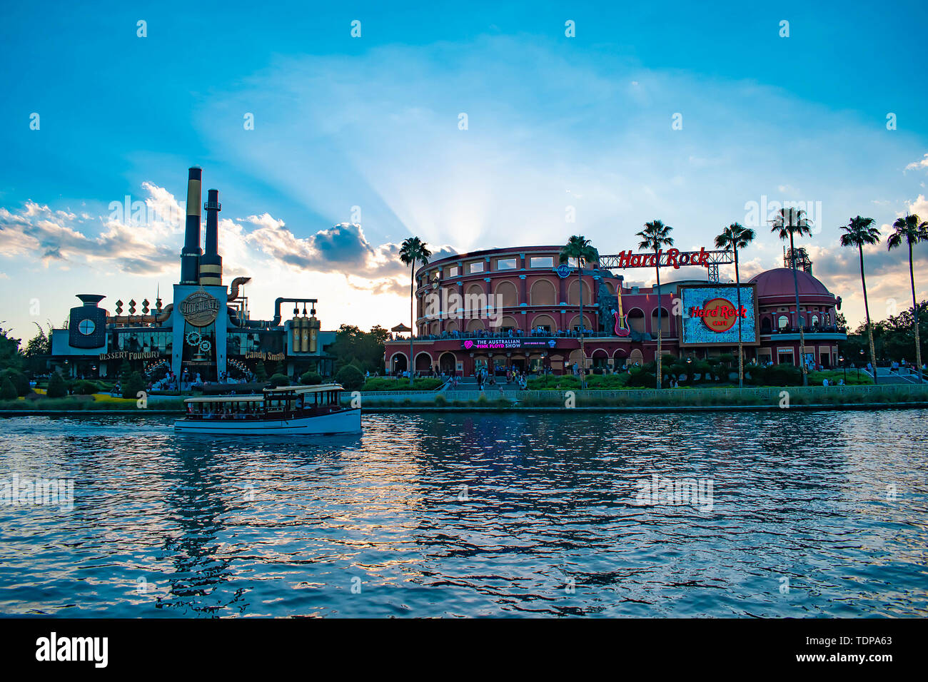 Orlando, Florida. May 22, 2019. Hard Rock Cafe on sunset background at ...
