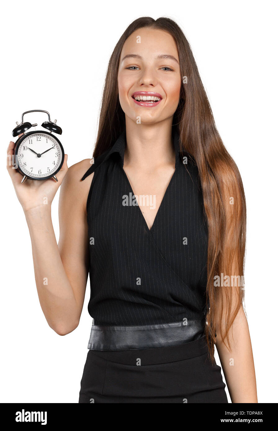 young woman holding a clock. time management concept Stock Photo - Alamy