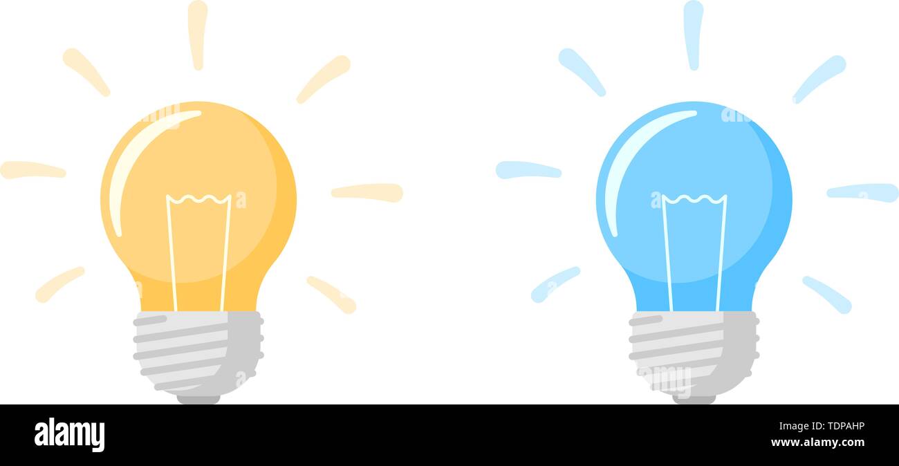 Yellow and blue light bulb lamp flat icon with bright rays shine set ...