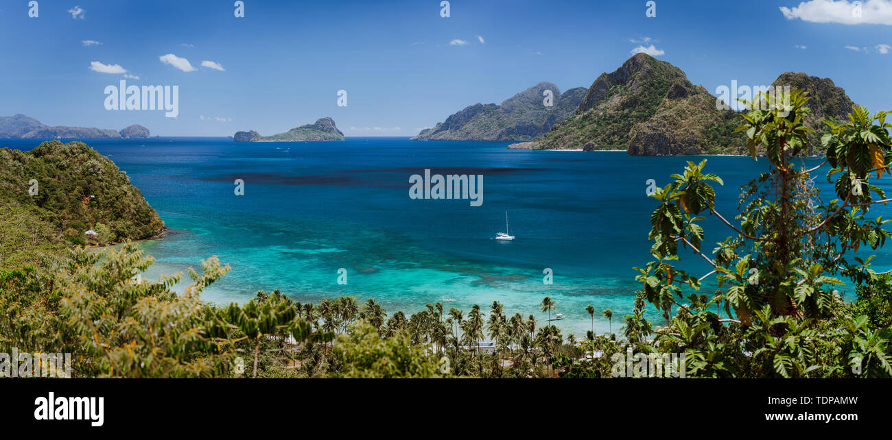 Coastal scenery from the mainland Palawan with tropical islands on ...