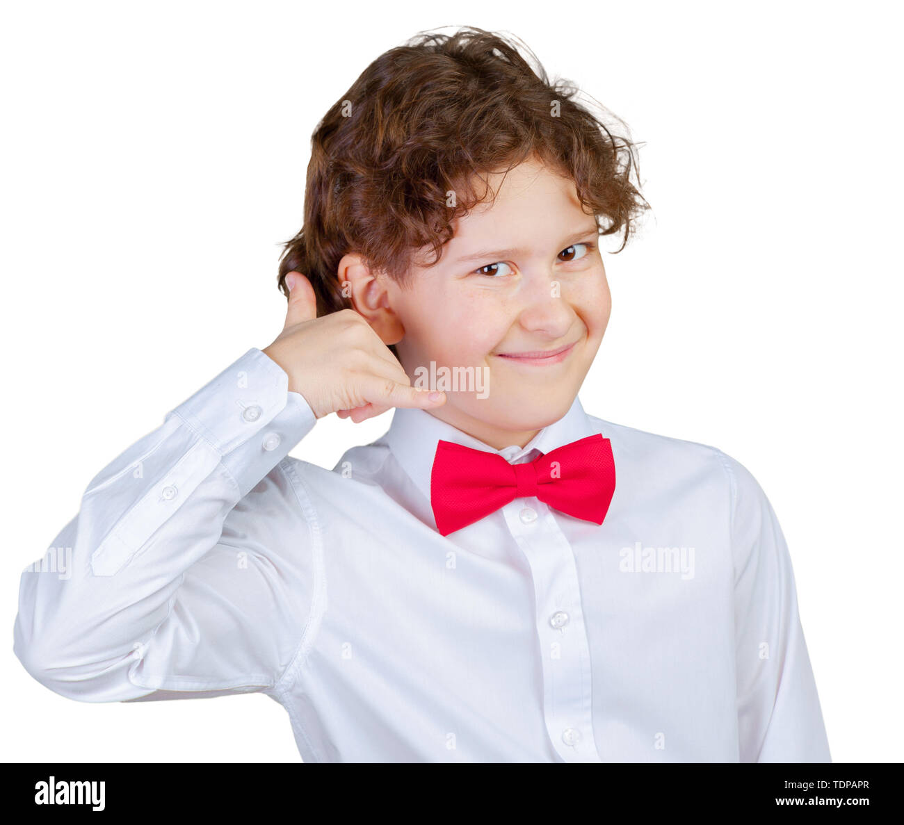 Boy making call me gesture sign with hand shaped like phone Stock Photo ...
