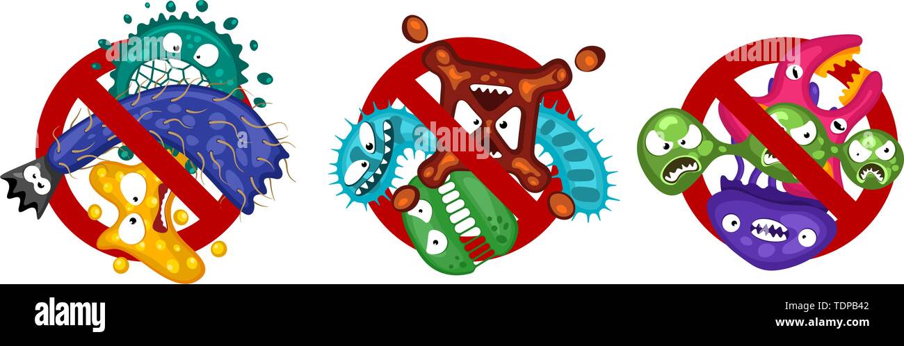 Stop spread virus symbol set. Cartoon germ characters isolated vector ...