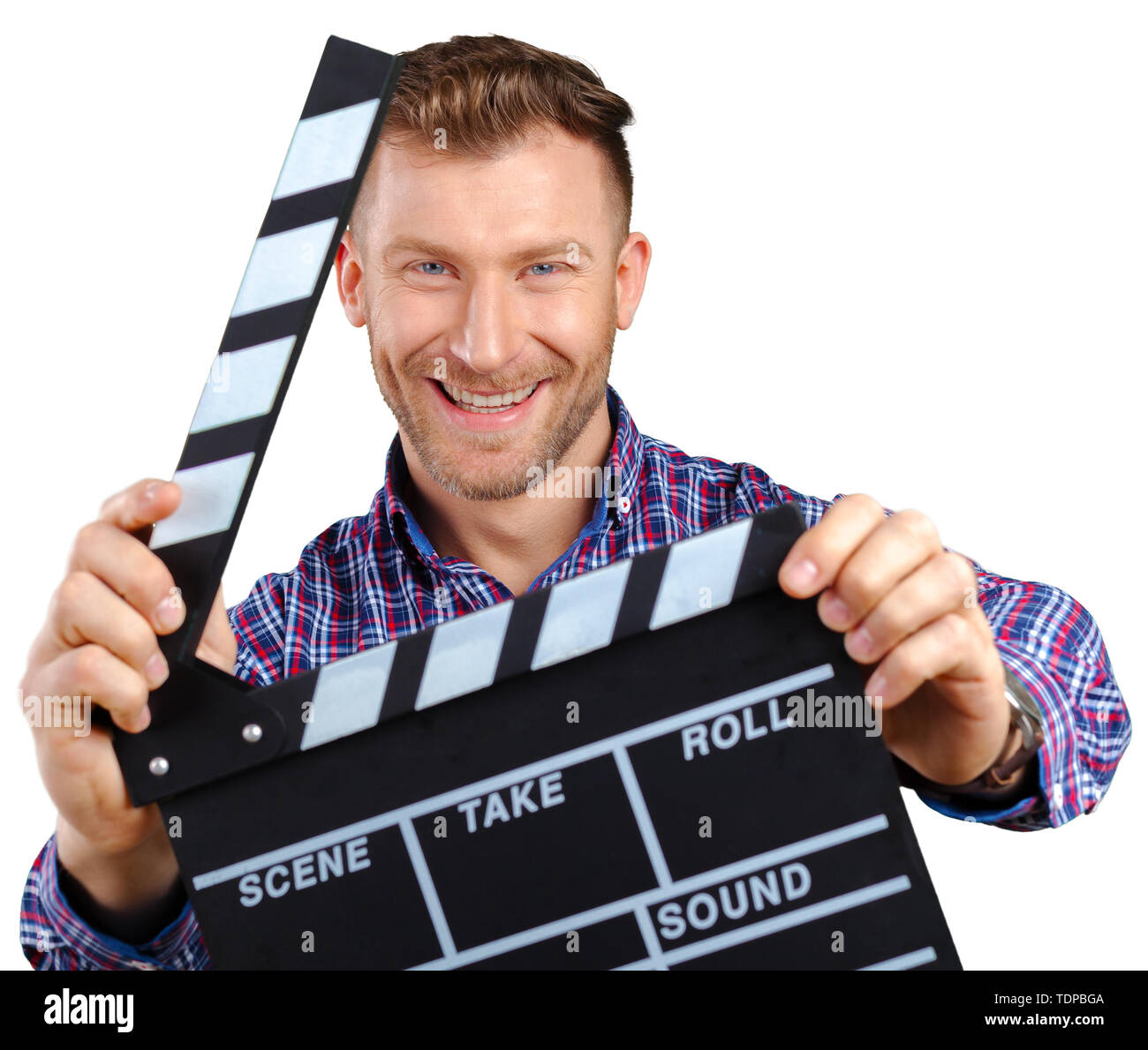 Casual man holding an open movie clap Stock Photo - Alamy
