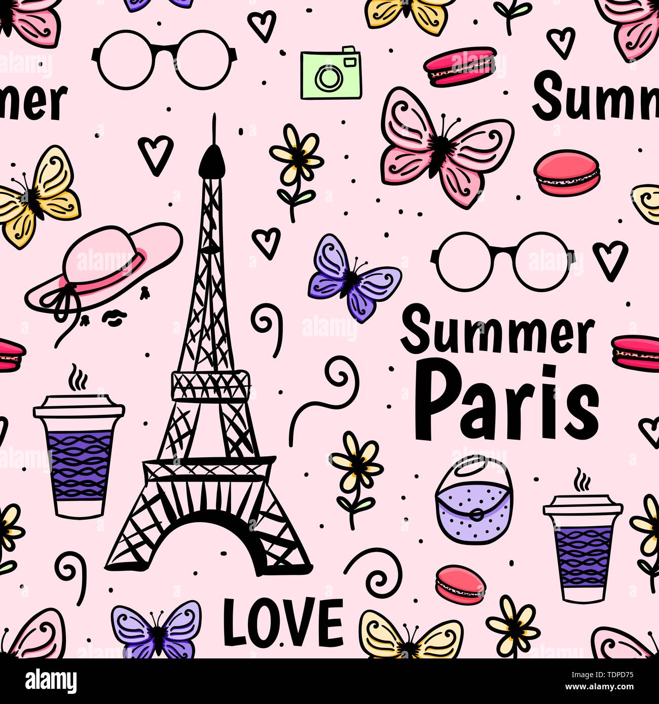 Summer Paris with Eiffel Tower, butterfly. Vector Seamless pattern ...