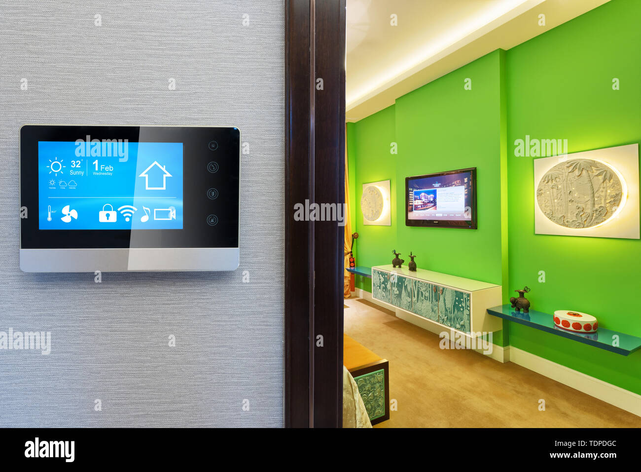 smart screen with smart home with modern living room Stock Photo - Alamy