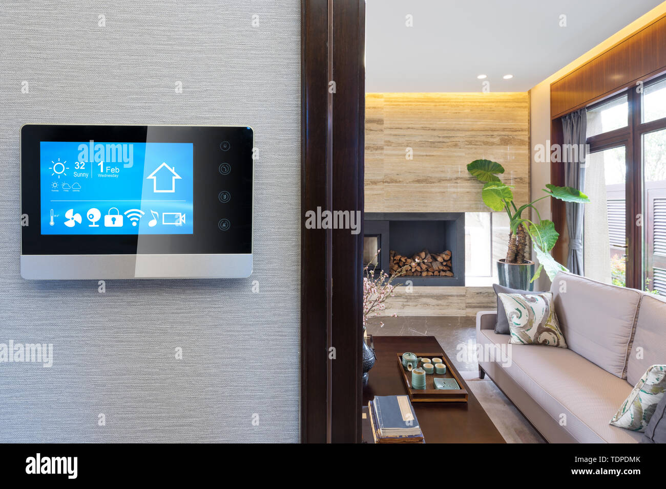 smart screen with smart home with modern living room Stock Photo - Alamy