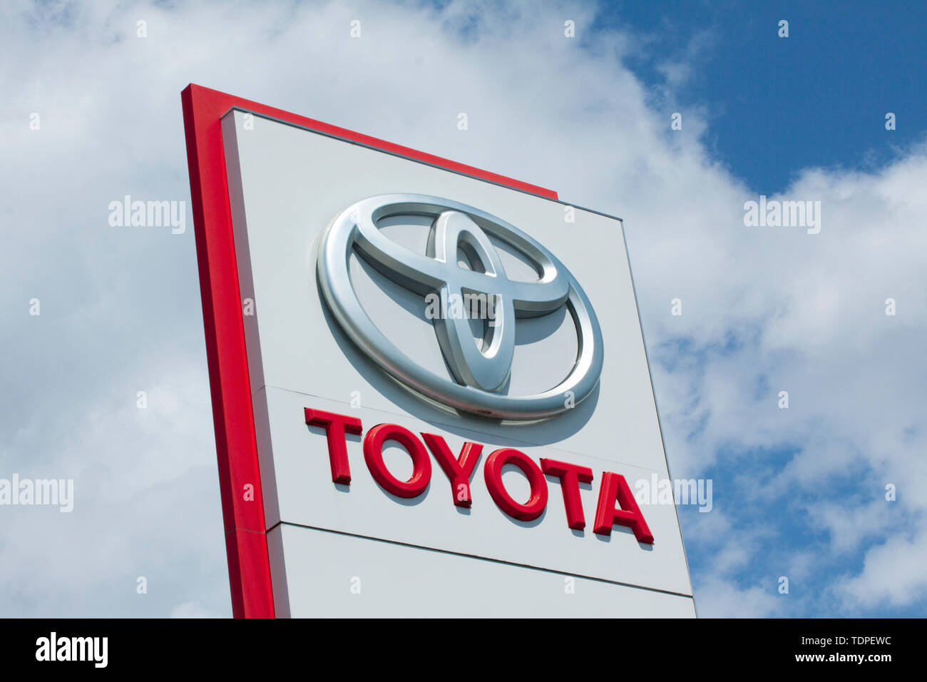 Sign with the logo of Toyota Motor Corporation. Japanese multinational ...