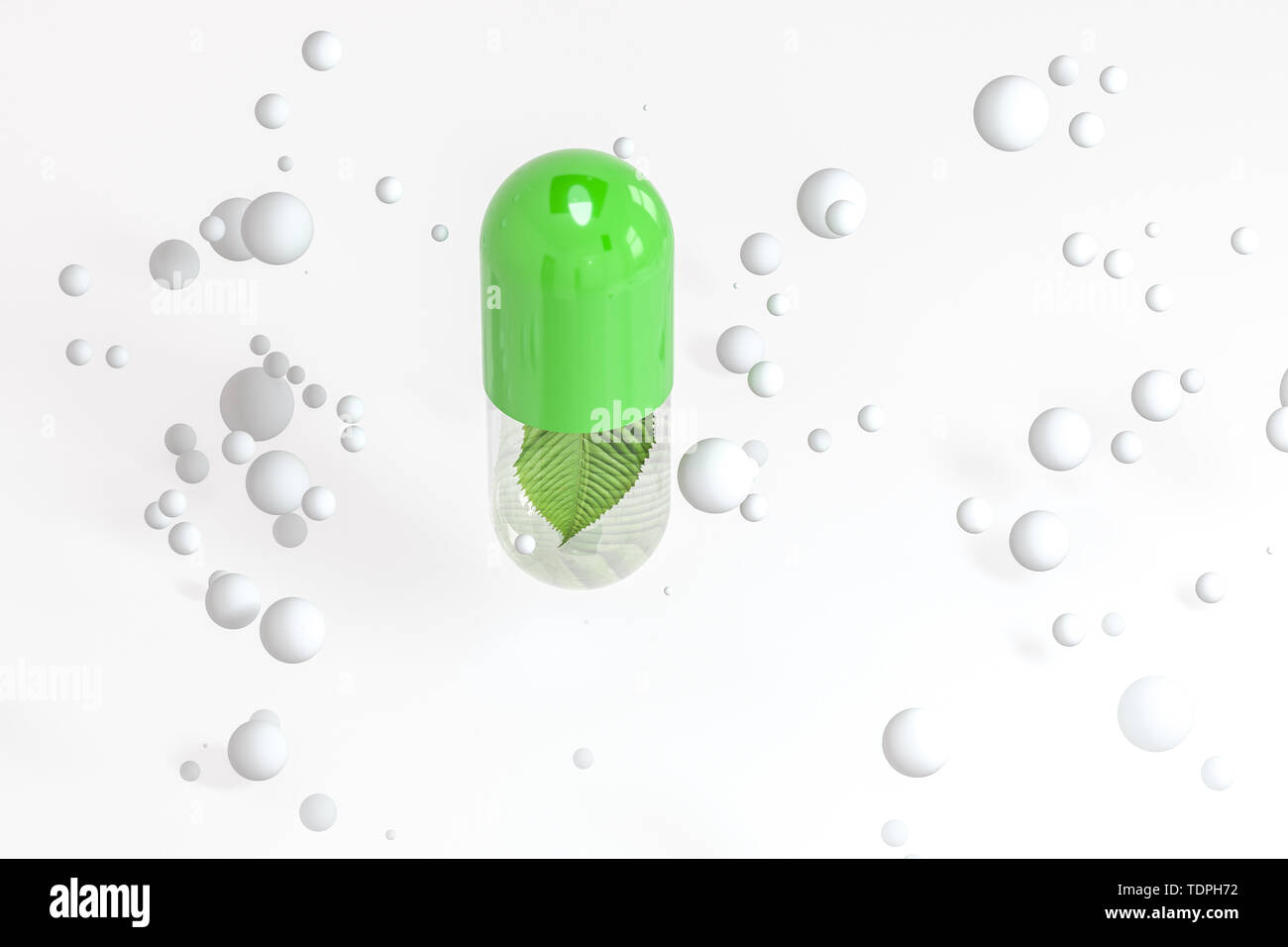 Three dimensional rendering, green capsule with pure white background ...