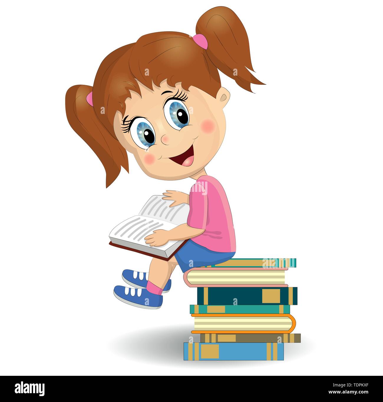 portrait of cute brunette girl reading book. Student learning ...
