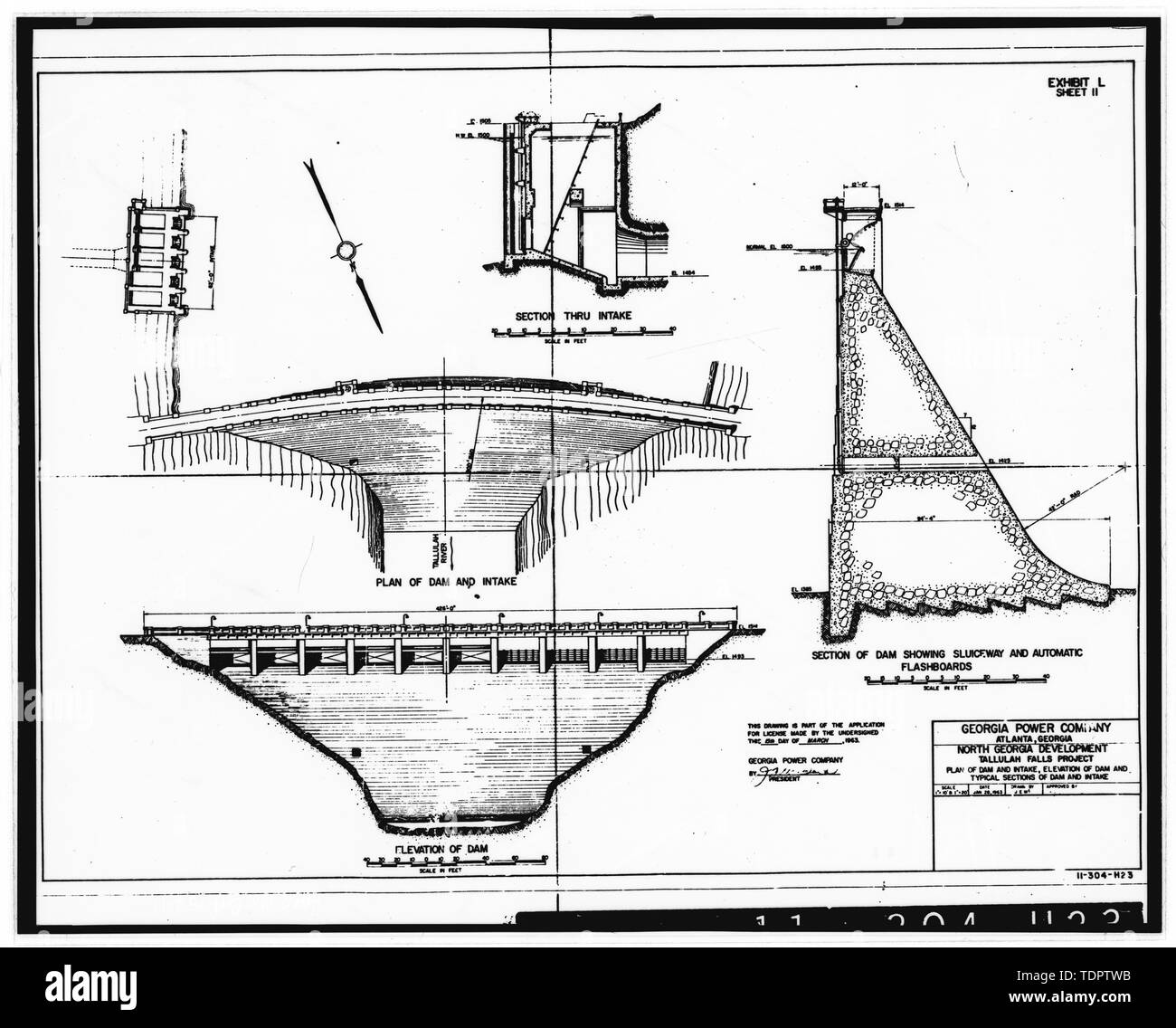 Plan of damn and intake, elevation of dam and typical sections of dam ...
