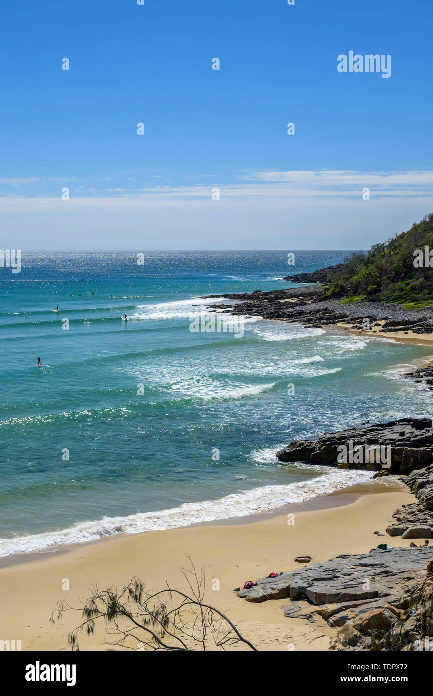 Sunbathers and swimmers at the beach, Sunshine Coast; Noosa Heads ...