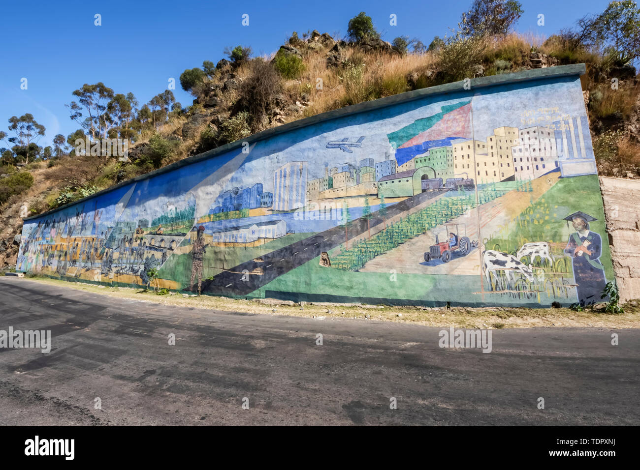 Modern patriotic mural along the road between Asmara and Keren; Emba ...