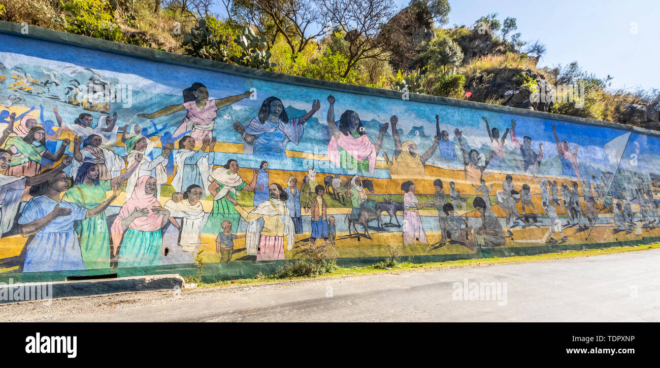 Modern patriotic mural along the road between Asmara and Keren; Emba ...