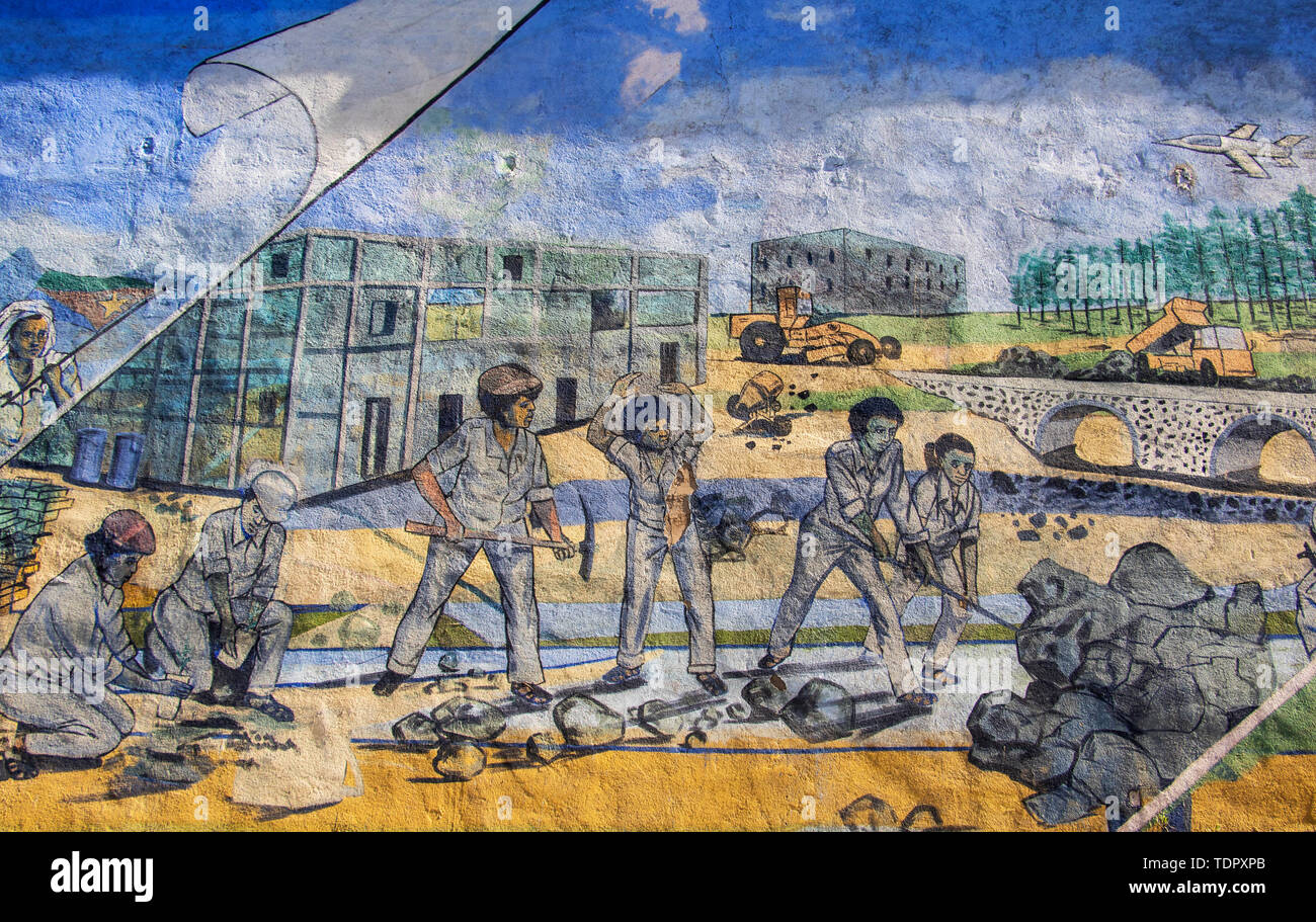 Modern patriotic mural along the road between Asmara and Keren; Emba ...
