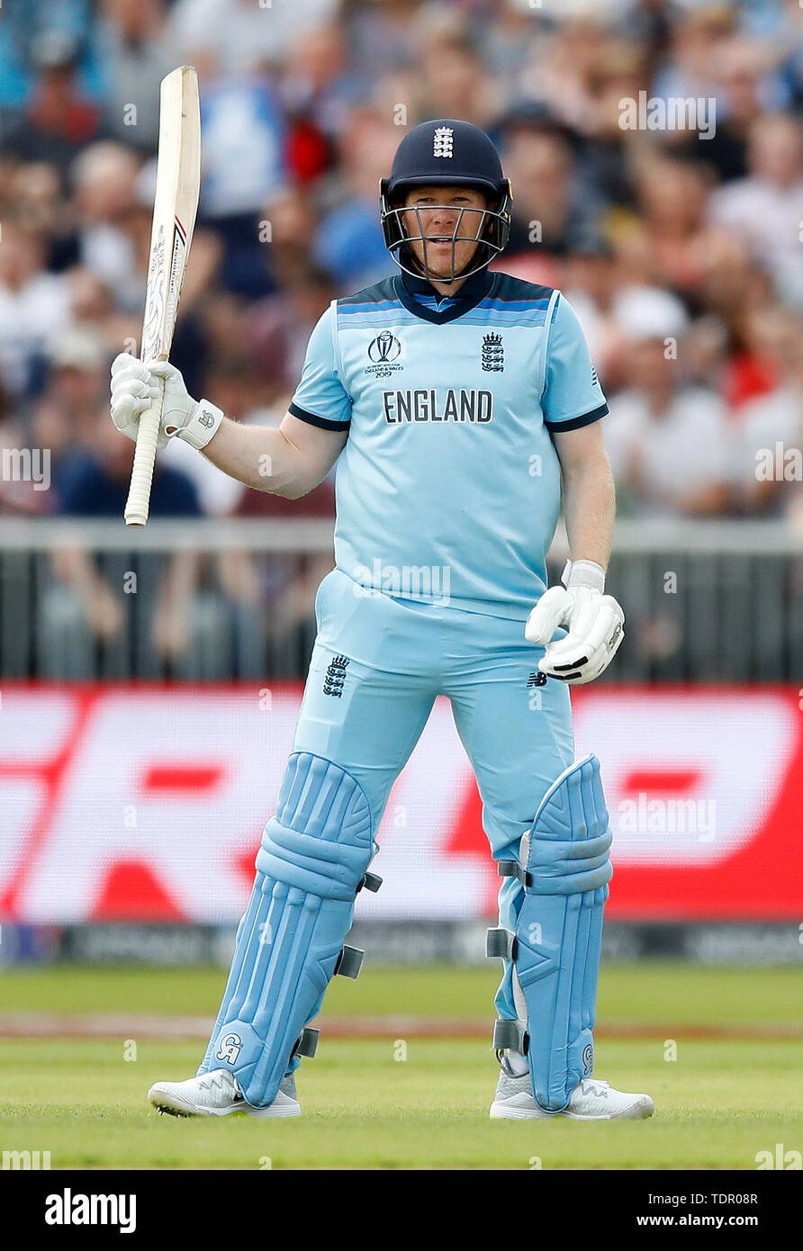 England's Eoin Morgan raises his bat after reaching fifty in batting ...