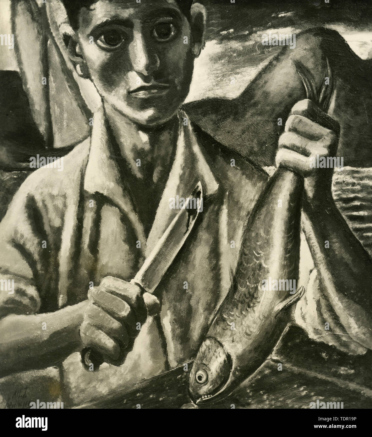 The fishmonger, painting by Alberto Bevilacqua, 1930s Stock Photo - Alamy