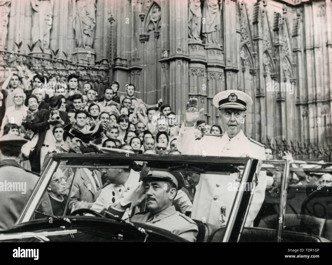 Spanish dictator Francisco Franco in a convertible car, Barcellona 1971 ...