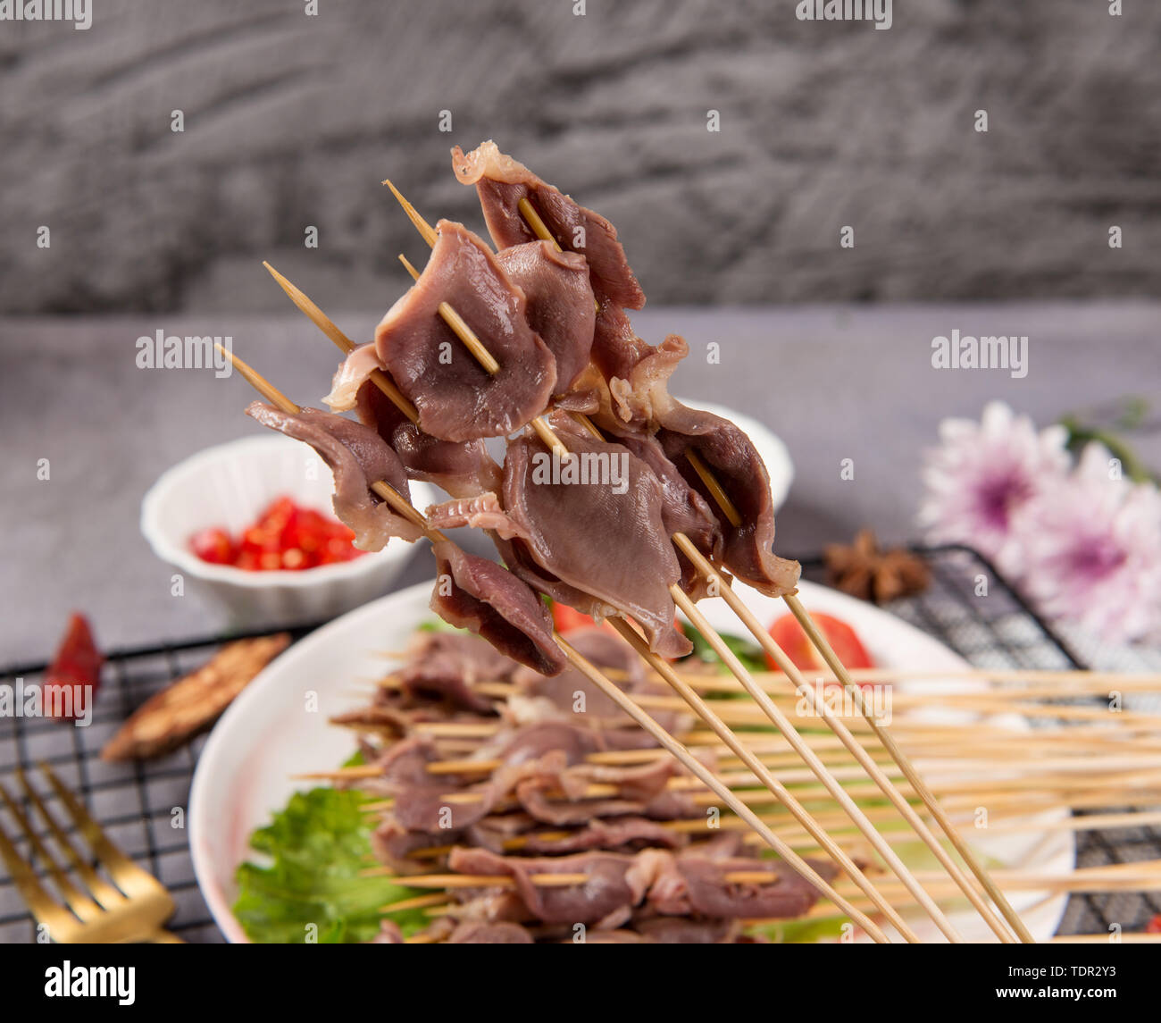 Iron plate barbecue lamb kebab, duck gizzard, lamb, pork beef Stock ...