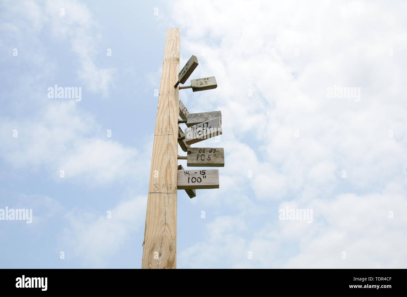 wood pole or stake with snowfall snow depth markings in feet Stock ...