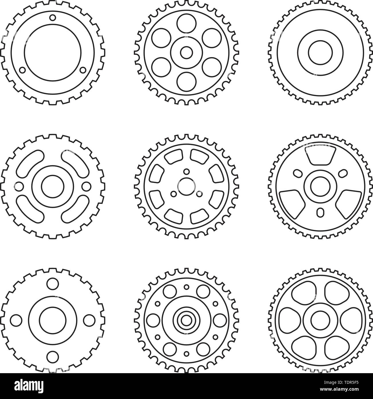 Timing pulley icon set. Machine parts. Vector thin line Stock Vector ...