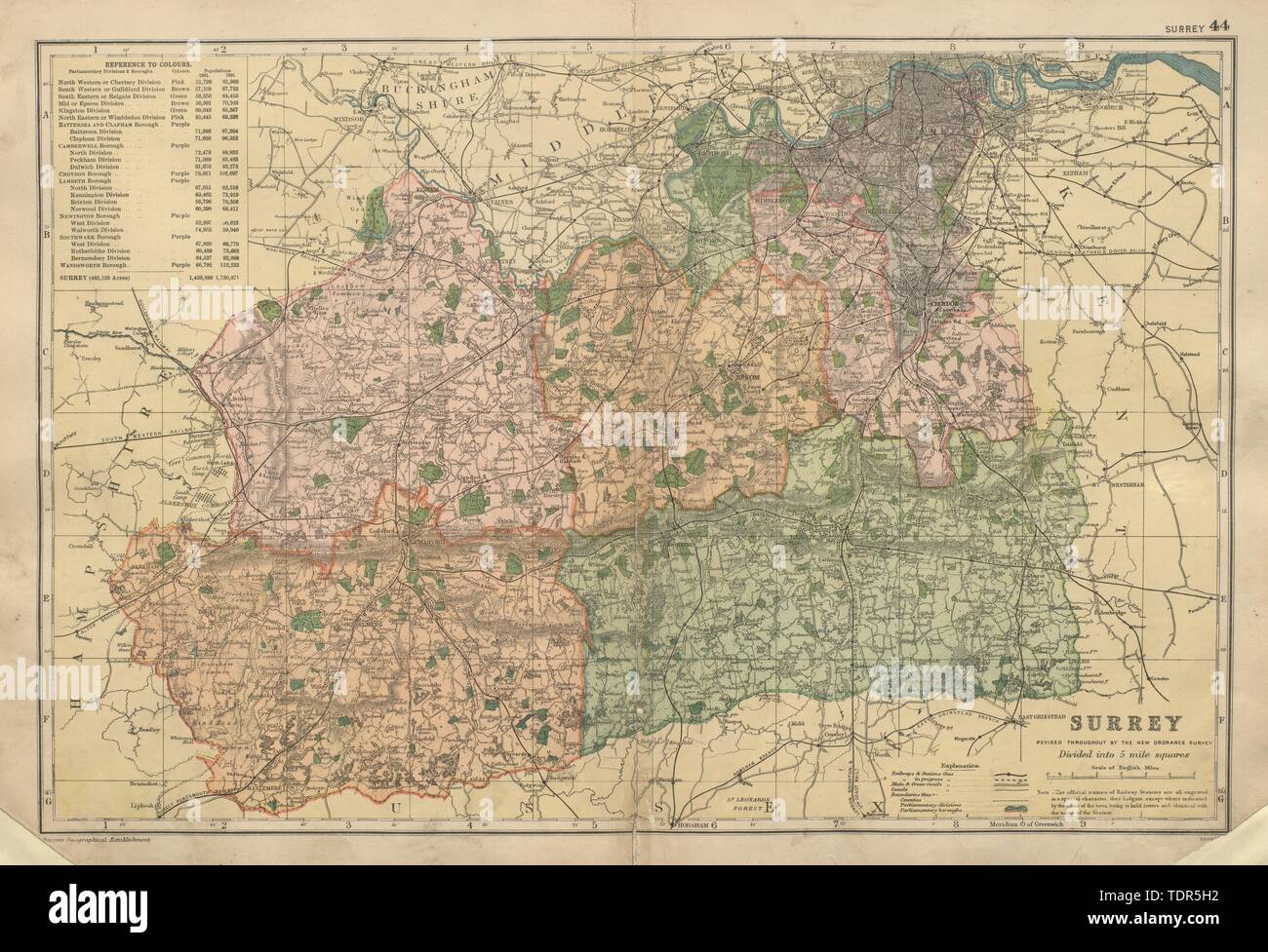 SURREY County map Parliamentary constituencies railways divisions BACON ...