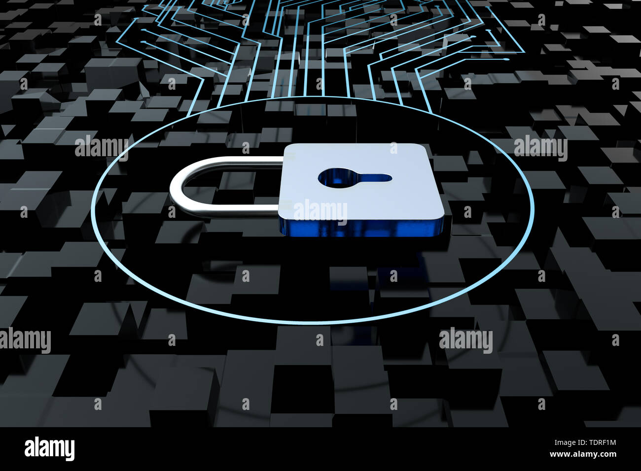 Three-dimensional rendering, metal encryption lock with tech background ...