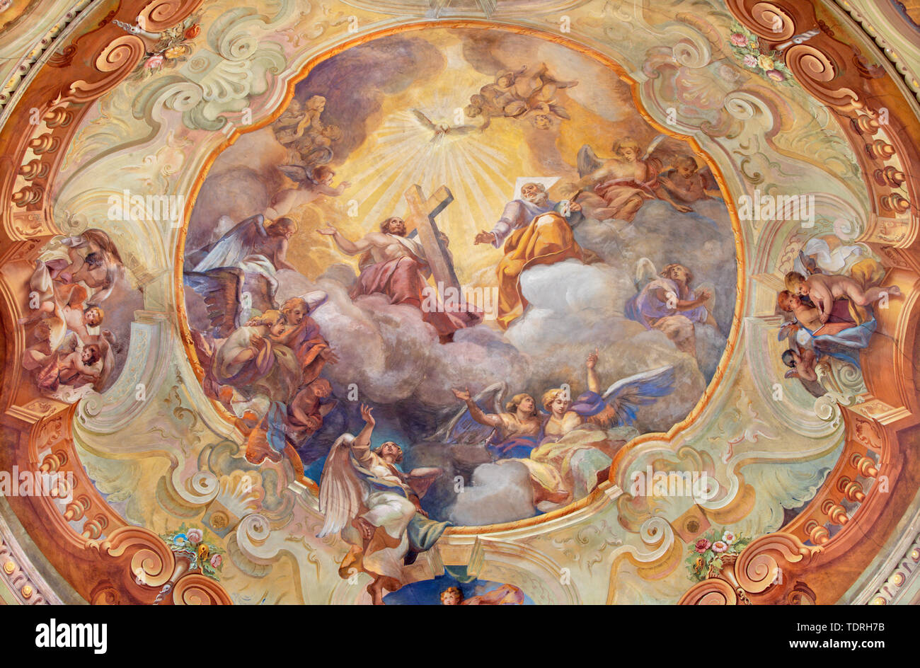 COMO, ITALY - MAY 8, 2015: The ceiling fresco Glory of Holy Trinity in ...