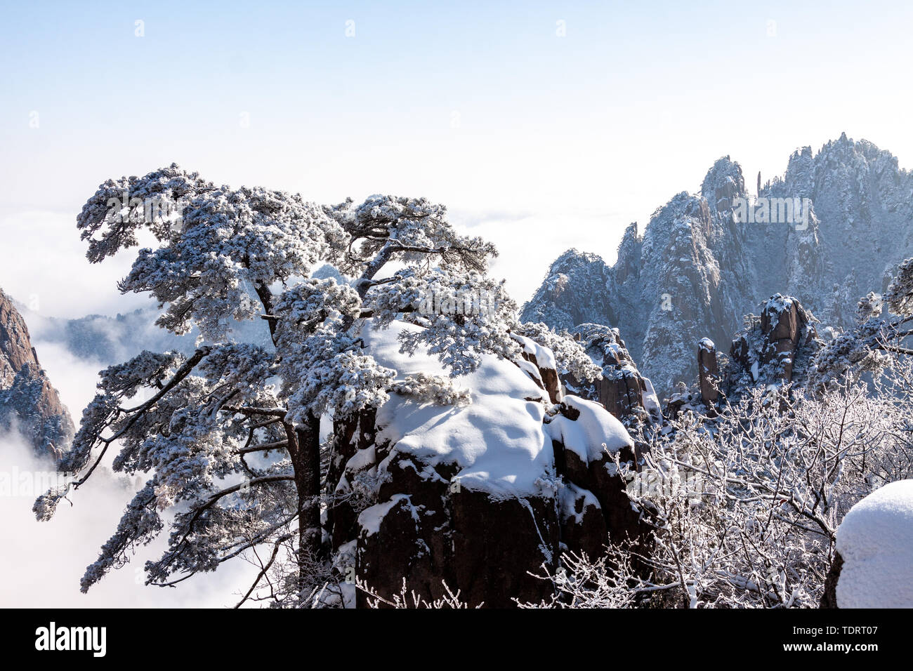 Huangshan Scenic Area, Anhui, China, winter snow after strange peaks and strange stones, clouds ...