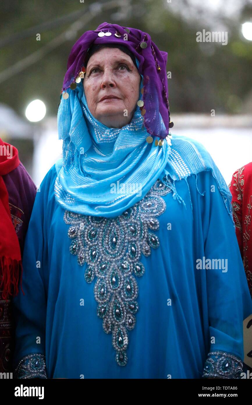 Beirut, Lebanon. 18th June, 2019. A model presents traditional clothes ...