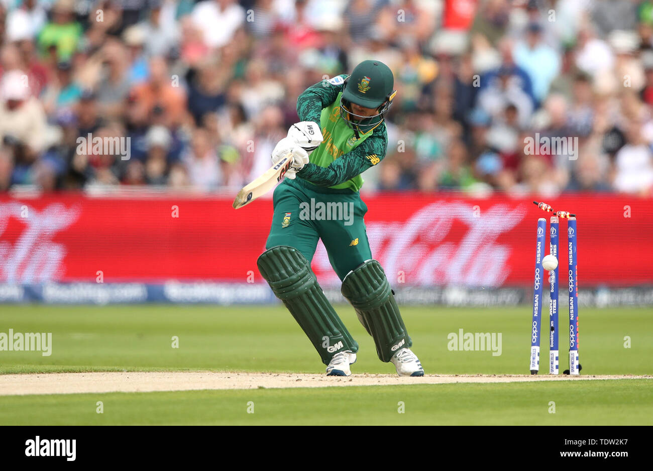 South Africa's Quinton de Kock is bowled out during the ICC cricket ...