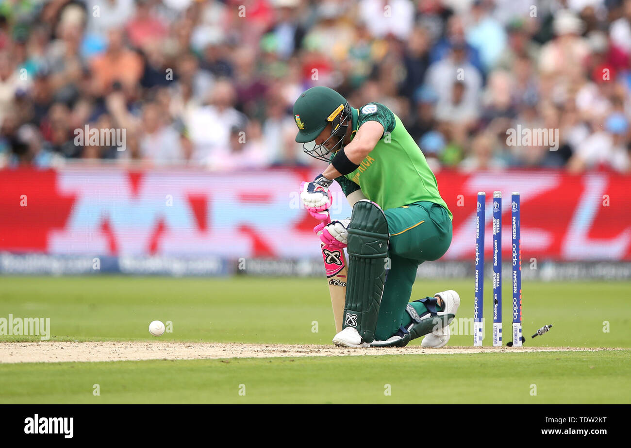 South Africa's Faf du Plessis is bowled out during the ICC Cricket ...