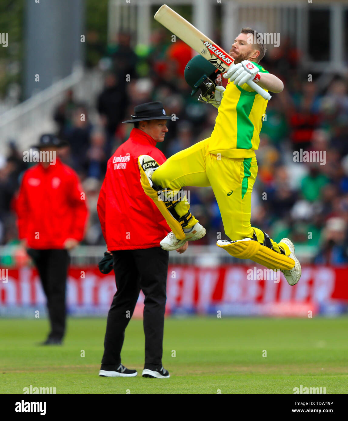 Australia's David Warner celebrates a century during the ICC cricket ...