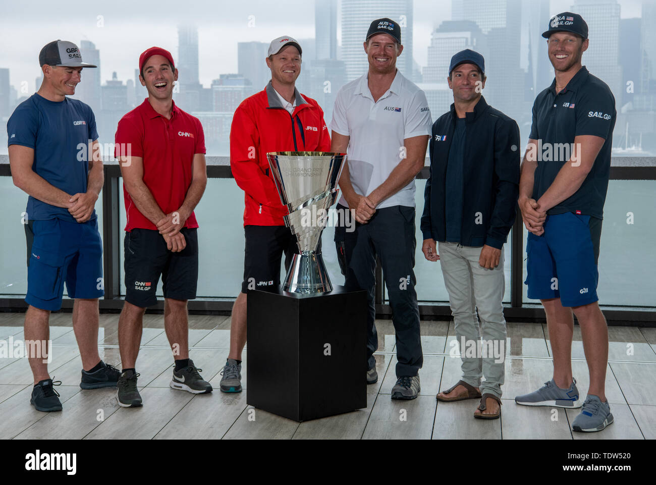 The six national SailGP skippers, (from left to right), Dylan Fletcher ...