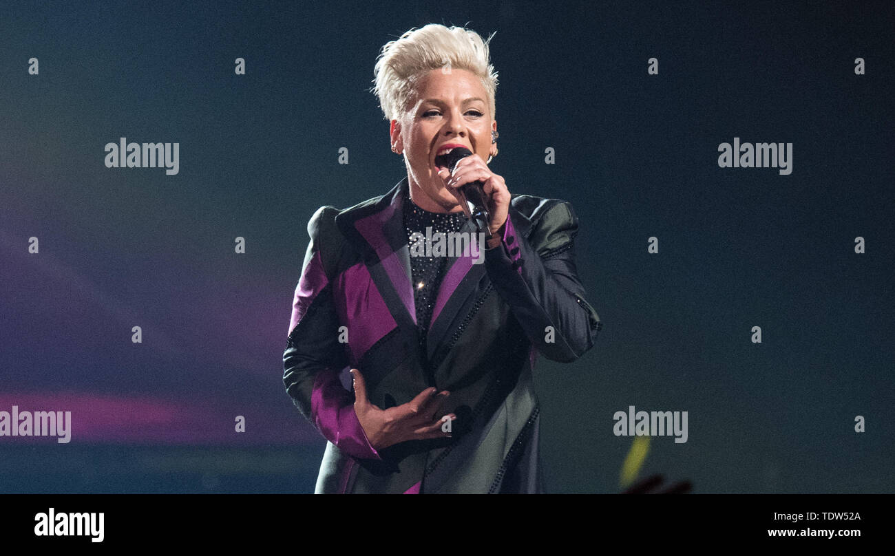 Pink performs on stage at the Millenium Stadium in Cardiff on her ...