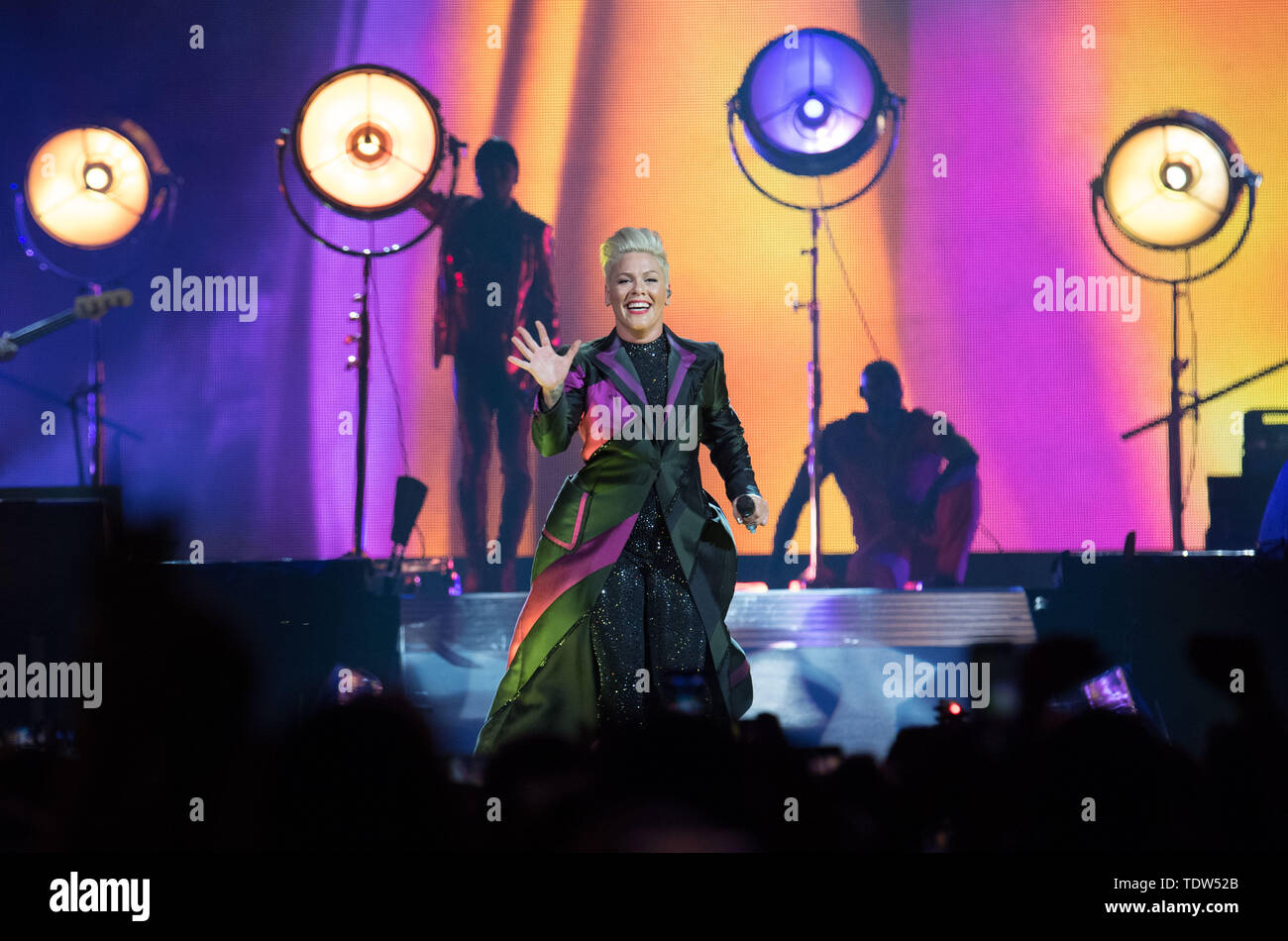 Pink performs on stage at the Millenium Stadium in Cardiff on her ...