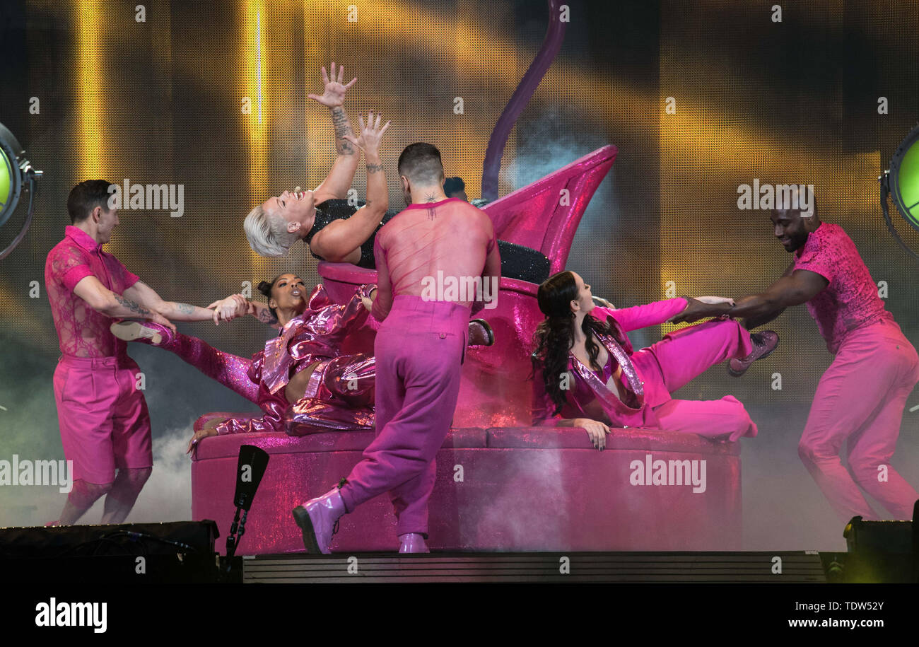 Pink performs on stage at the Millenium Stadium in Cardiff on her ...