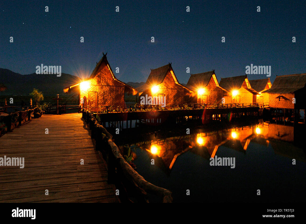 holiday resort at Lake Inle at night, Burma Stock Photo - Alamy
