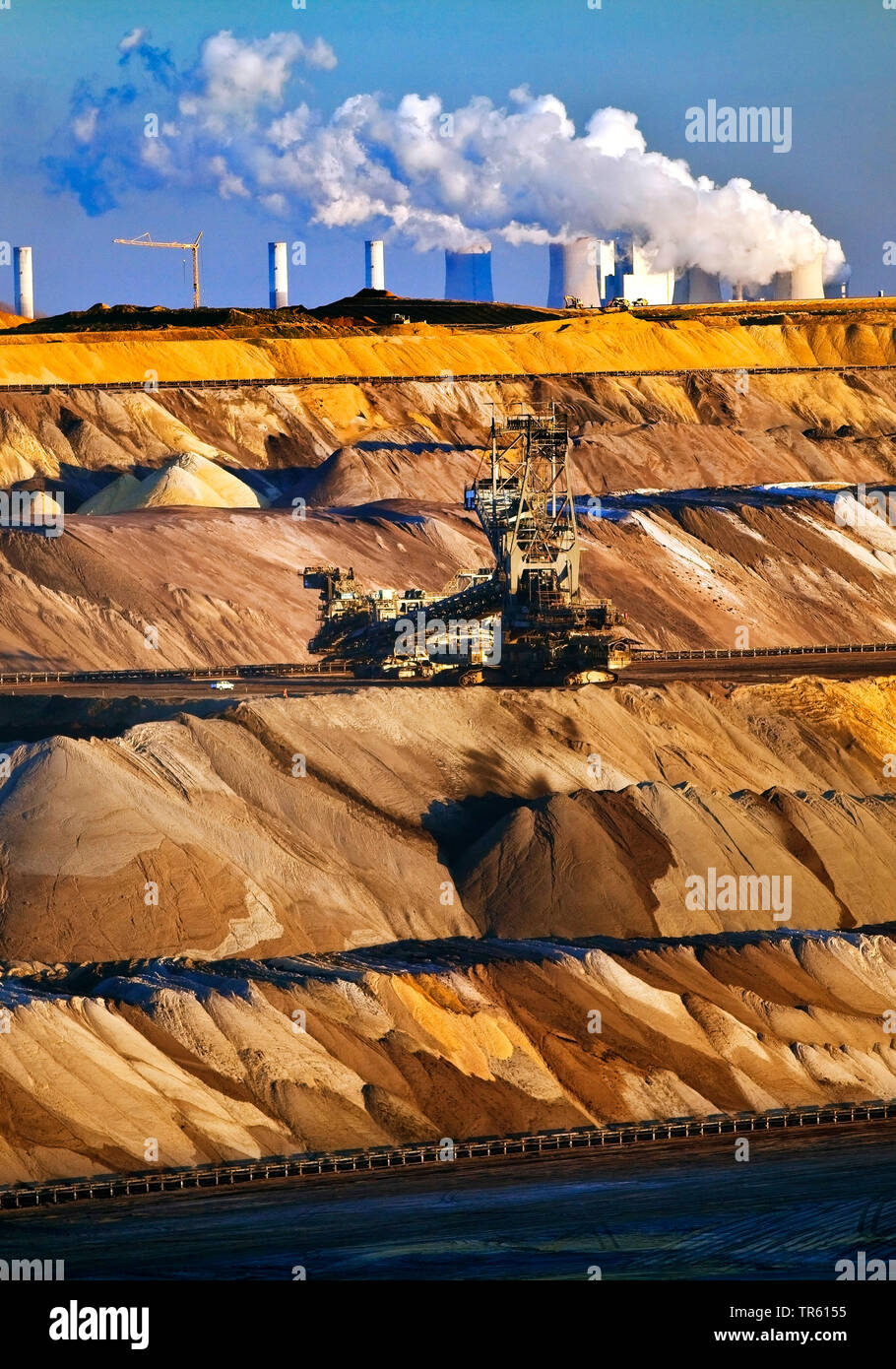 brown coal surface mining and power plant in background, Germany, North ...