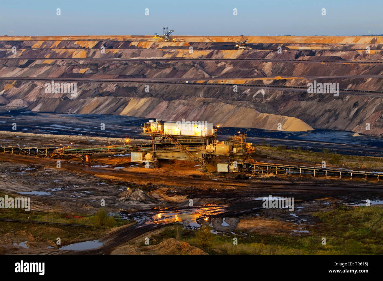 brown coal surface mining in the evening, Germany, North Rhine ...