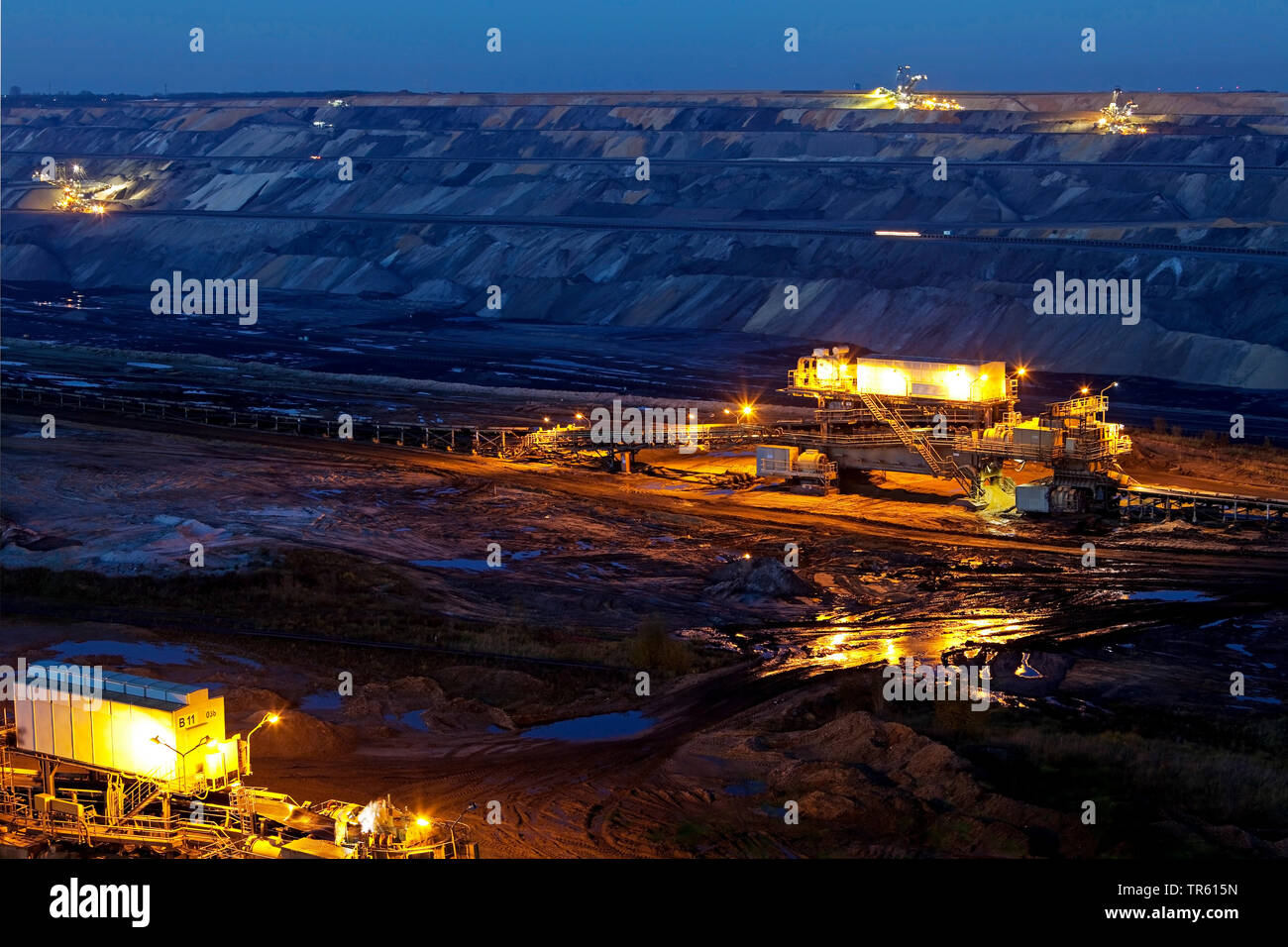 brown coal surface mining in the evening, Germany, North Rhine ...