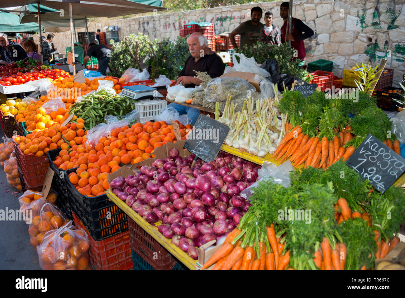 fruit and vegetabel stand on the weekly market, Greece, Crete, Chania ...